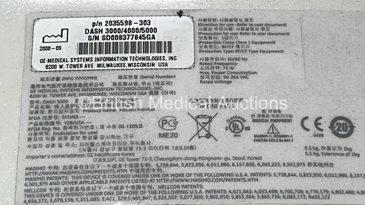 1 x GE Dash 5000 Patient Monitor (Powers Up) and 1 x GE Dash 4000 ...