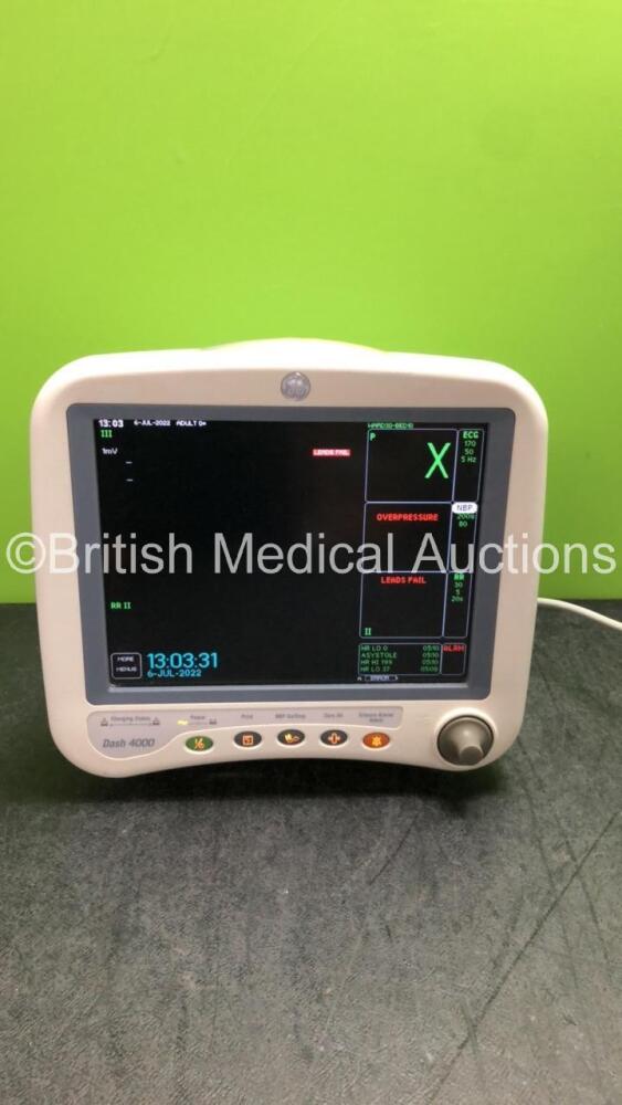 GE Dash 4000 Patient Monitor Including ECG, NBP, CO2, BP1, BP2, SpO2 ...