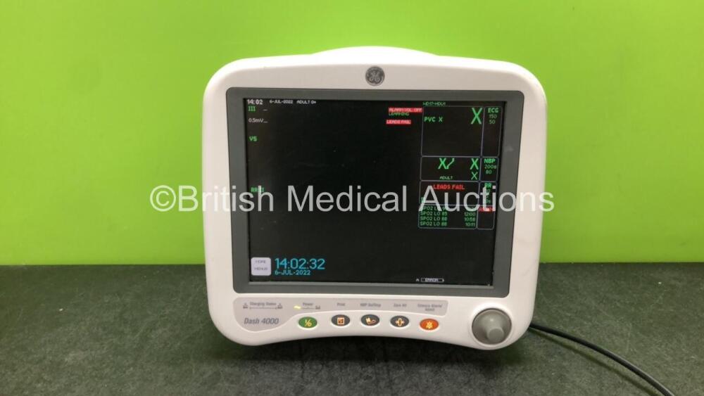 GE Dash 4000 Patient Monitor Including ECG, NBP, CO2, BP1, BP2, SpO2 ...