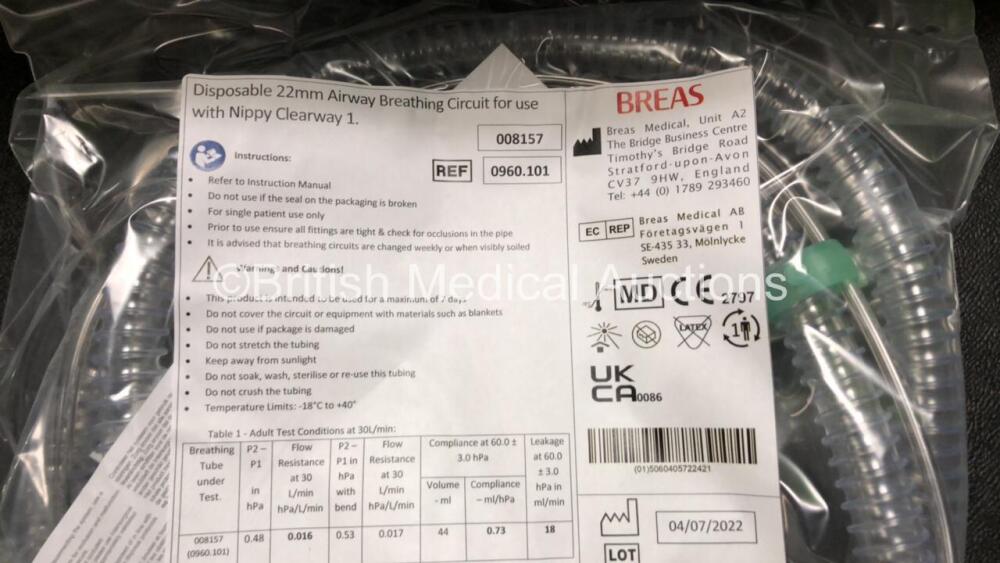 20 x Breas Ref 0960.101 Disposable 22mm Airway Breathing Circuits ...