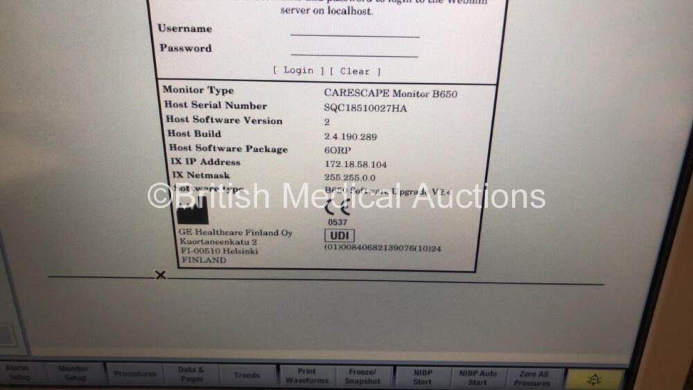 GE Carescape B650 Touch Screen Patient Monitor *Mfd - 2019* with 1 x GE ...