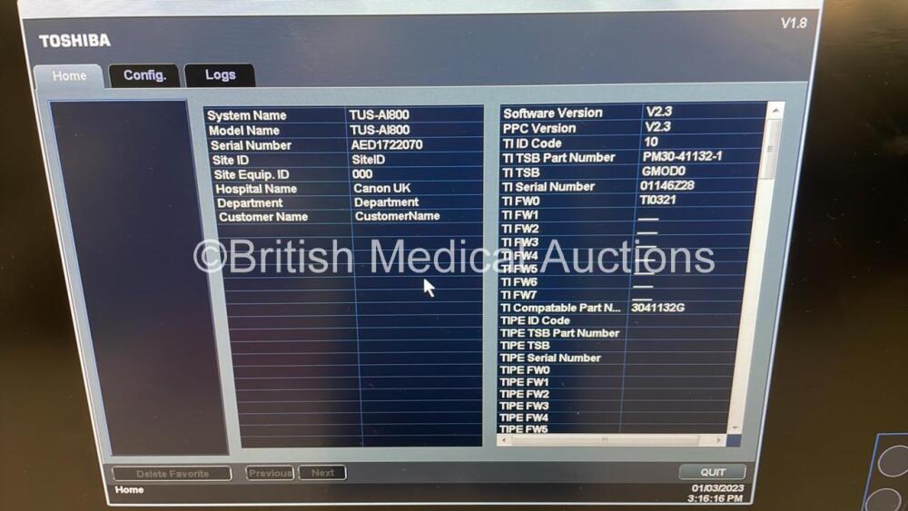 Toshiba i800 TUS-AI800 Flat Screen Ultrasound Scanner *S/N AED1722070 ...