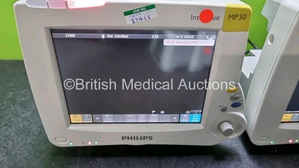 2 x Philips IntelliVue MP30 Patient Monitors (Both Power Up) with 2 x ...