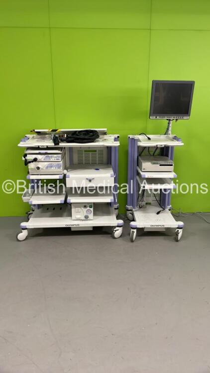 2 x Olympus Stack Trolleys with Olympus OEV191H Monitor, Sony UP-285OP ...