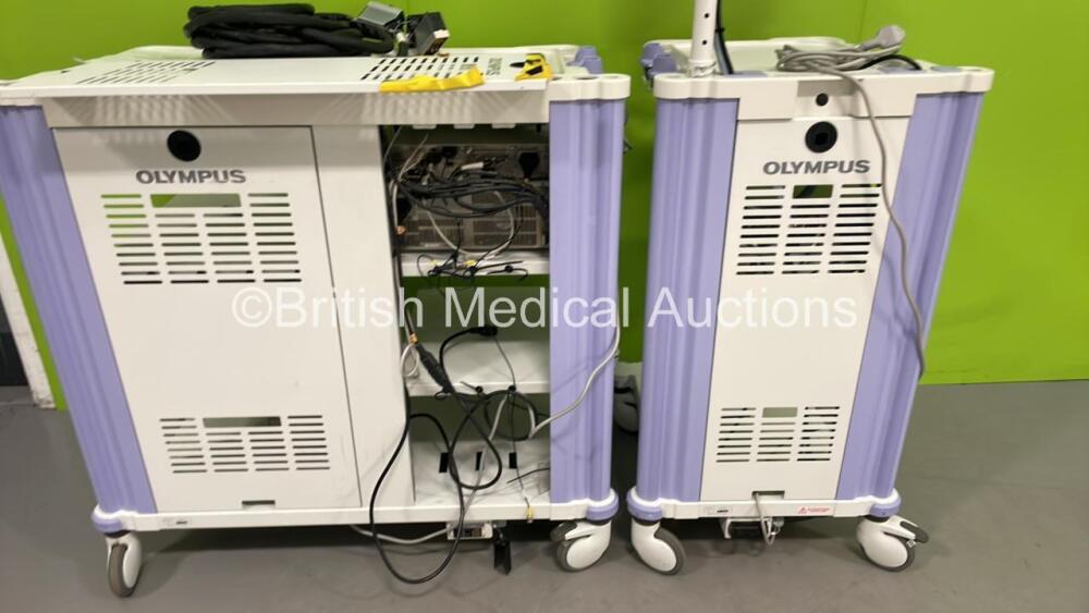 2 x Olympus Stack Trolleys with Olympus OEV191H Monitor, Sony UP-285OP ...