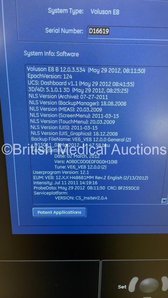 GE Voluson E8 Expert Ultrasound Scanner *Mfd 06-2012*- Software Version - E8 B 12.0.3.534 with 1 ...