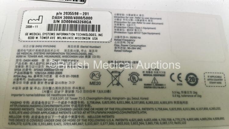 GE Dash 4000 Patient Monitor on Stand Including ECG, NBP, CO2, BP1, BP2 ...