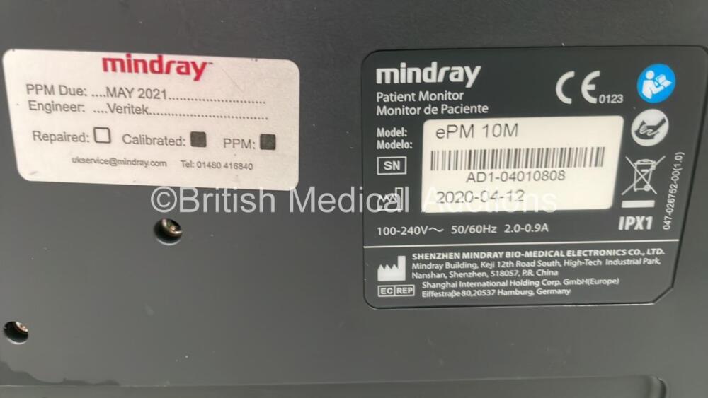 Mindray ePM 10M Patient Monitor on Stand with T1, T2, SPO2,NIBP and ECG ...