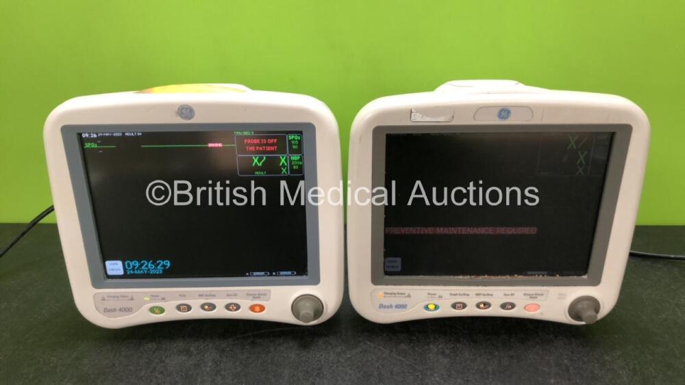 2 x GE Dash 4000 Patient Monitors Including ECG, NBP, CO2, BP1, BP2 ...