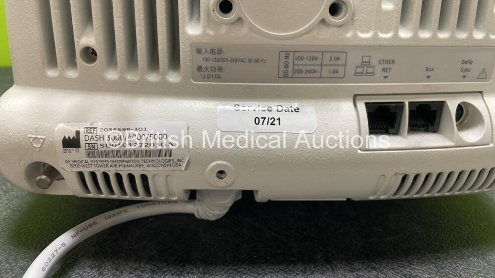 GE Dash 5000 Patient Monitor Including ECG, NBP, SpO2, BP1, BP2, Temp ...