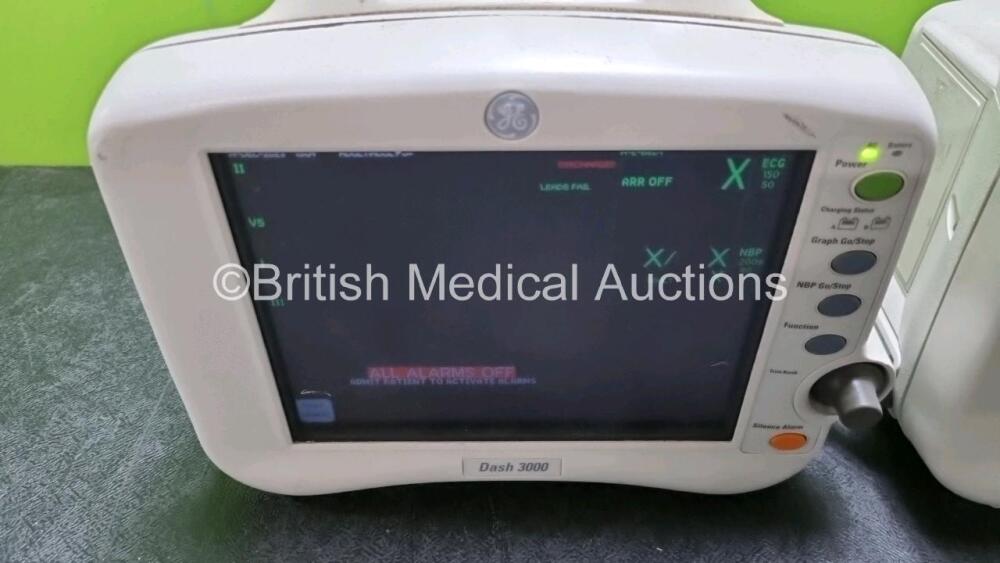 2 x GE Dash 3000 Patient Monitors Including ECG, NBP, SpO2, BP1/3, BP2 ...
